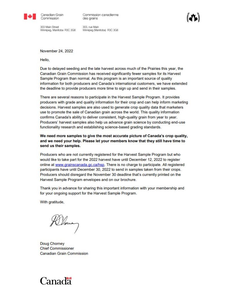 Harvest Sample Program Deadline Extended – BC Grain Producers Association